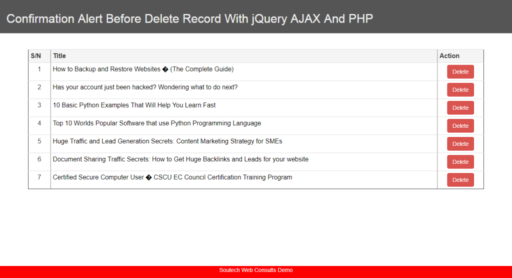 How to Show Confirmation Alert Message Before Record Delete Using JQUERY Library, AJAX With PHP ...
