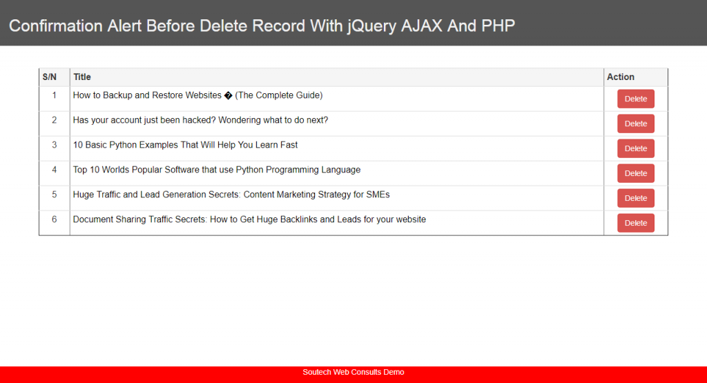 How to Show Confirmation Alert Message Before Record Delete Using JQUERY Library, AJAX With PHP ...
